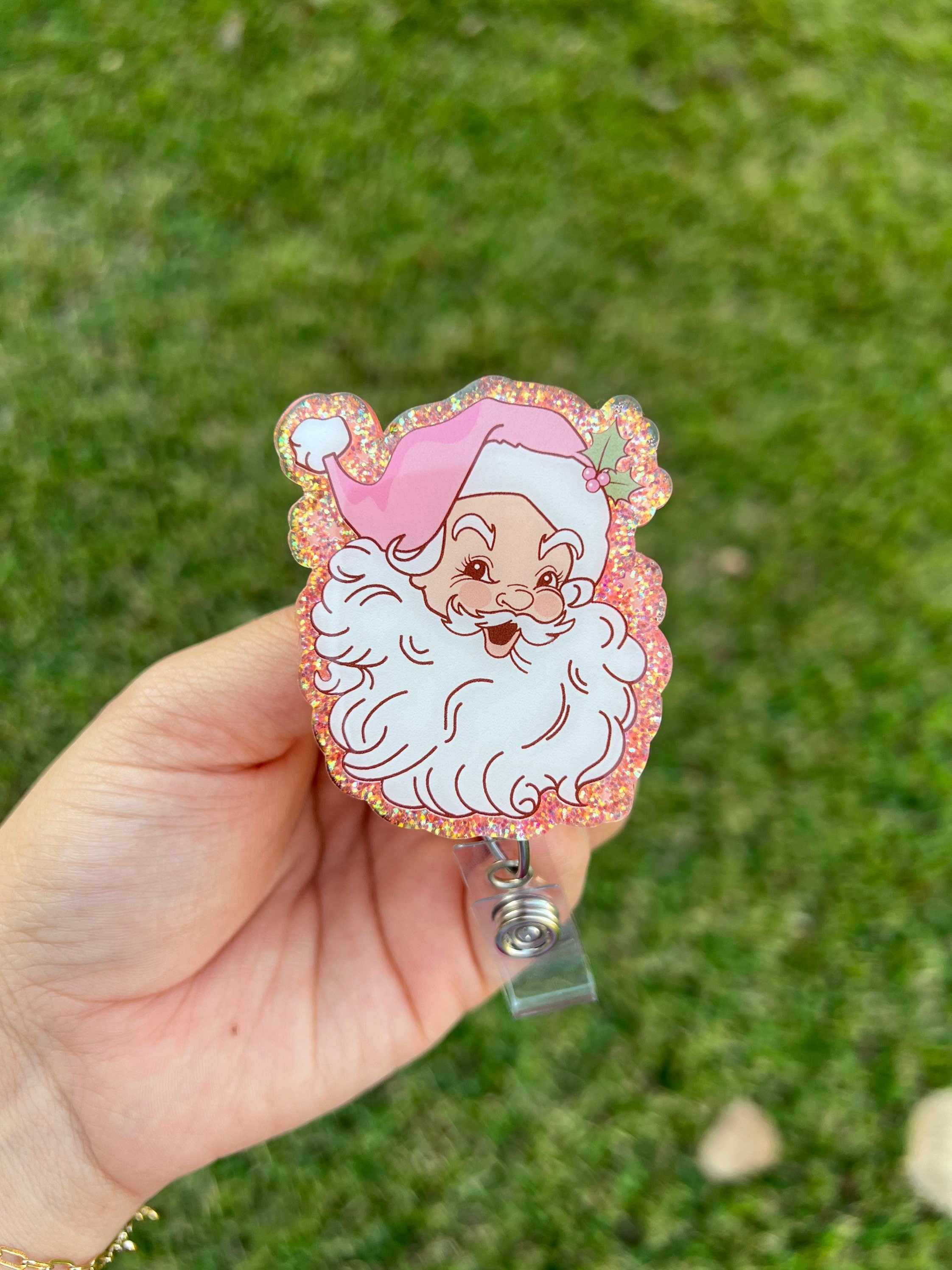 Pink Santa Badge reel | Cute Xmas accessories | pink Christmas badge c ...